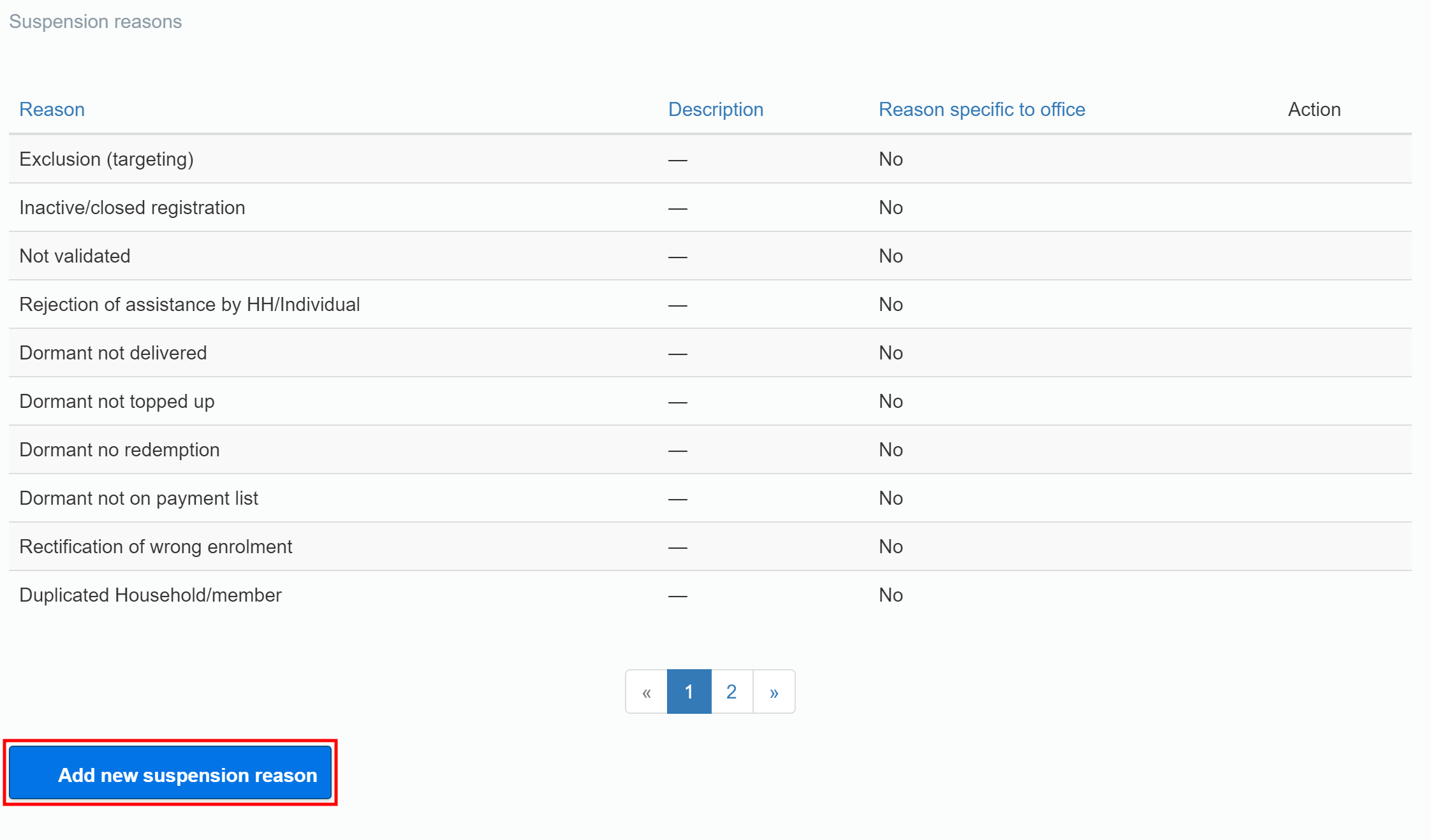 Managing the Enrolment Suspension Reason List